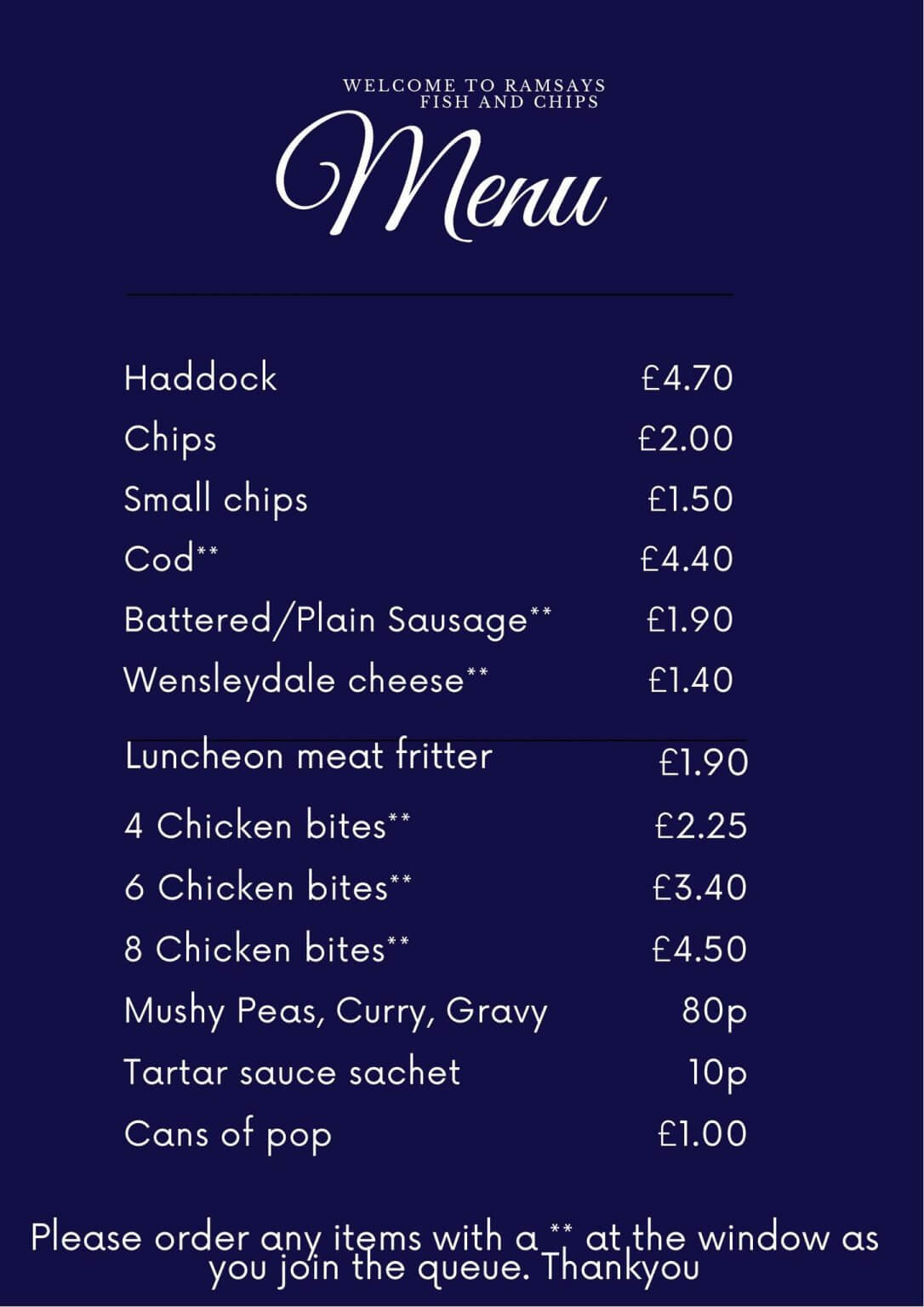 Our Menu – Ramsays Fish and Chip Van